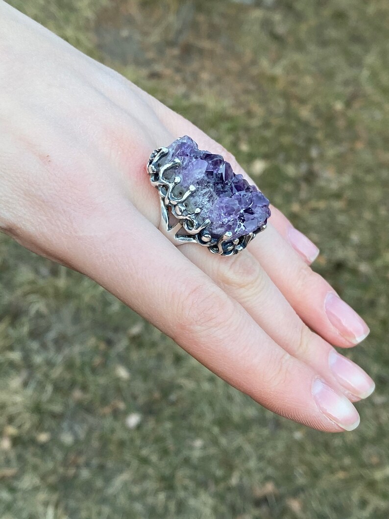 Raw Amethyst Ring Natural Huge Amethyst Ring Statement Silver | Etsy