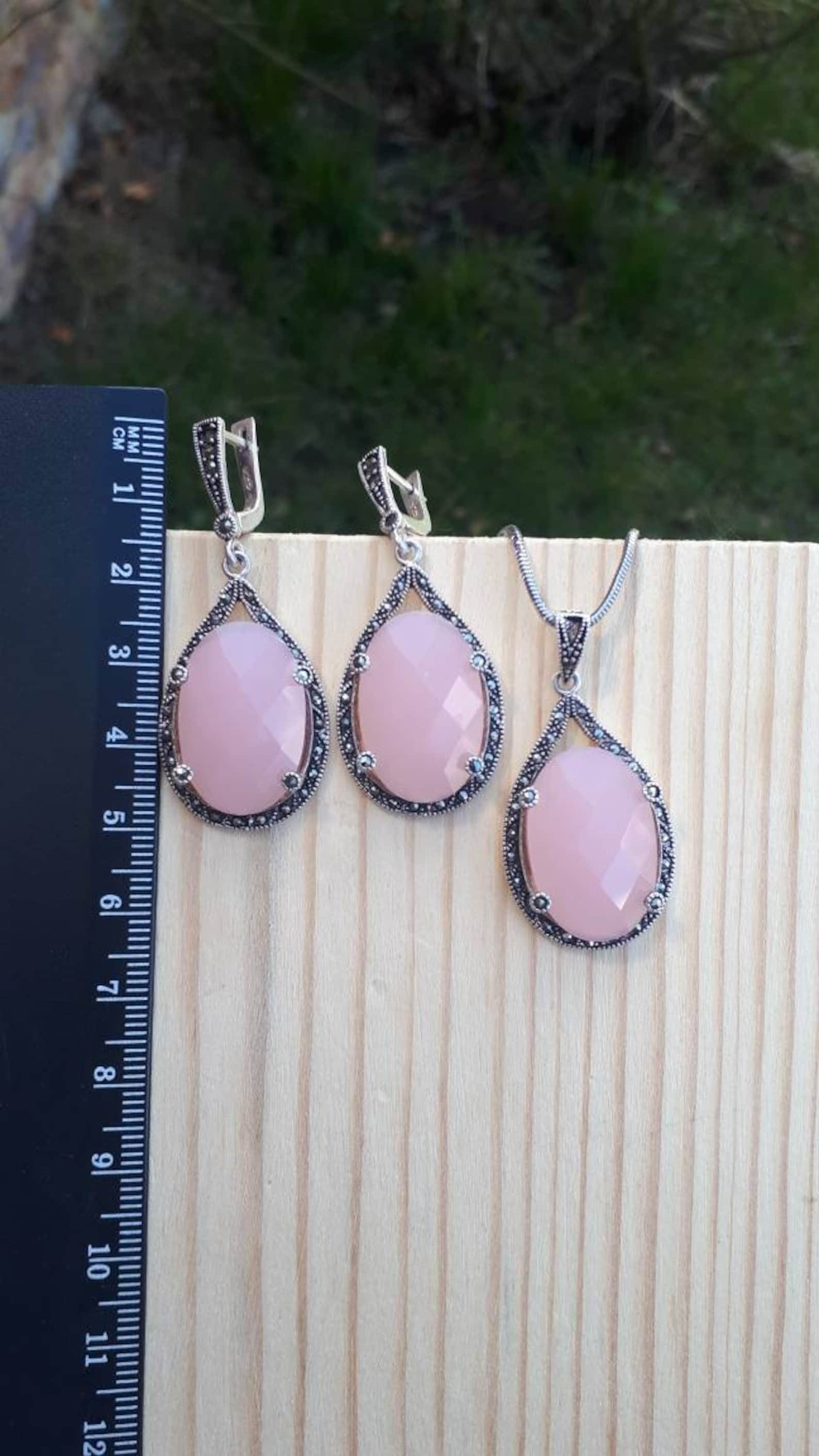 Rose Quartz Earrings Elegant Roze Drop Earrings Marcasite | Etsy