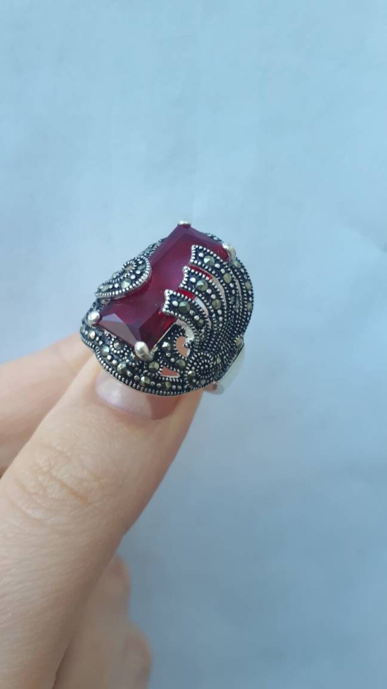 Burgundy Ring Red Marcazite Ring Statement Red Ring Red Vintage 70th ...