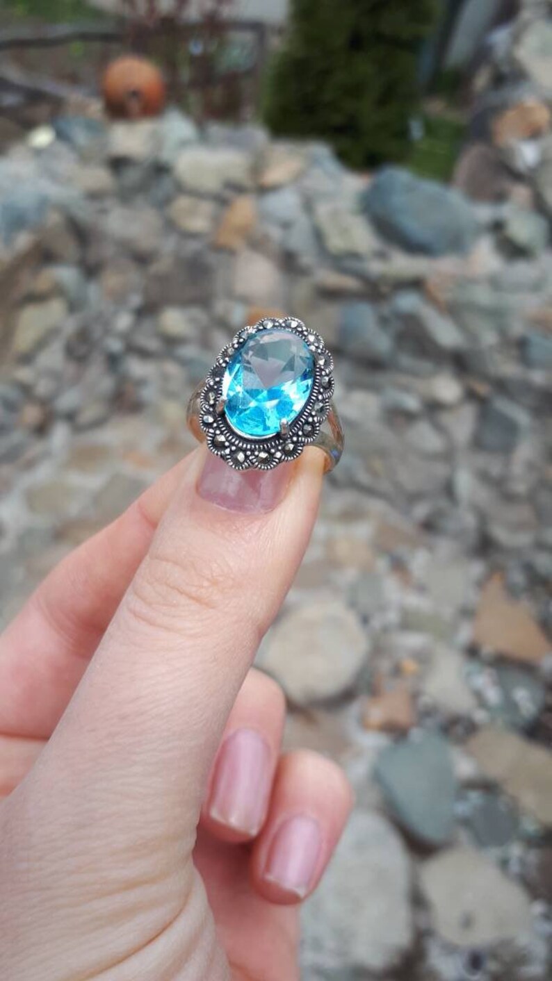 Aqua Blue Oval Ring Silver Aquamarine Pendant Vintage Light - Etsy
