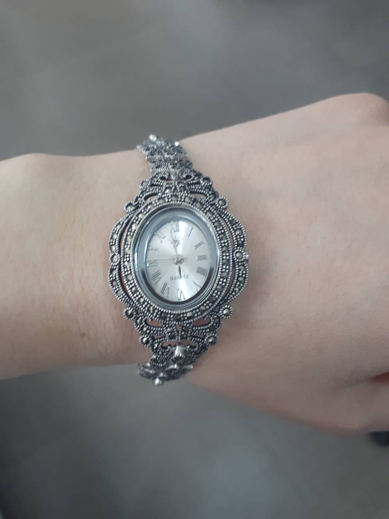 Luxury Marcasite Wristwatch Silver Wrist Watch Oval Gorgeous Wrist ...