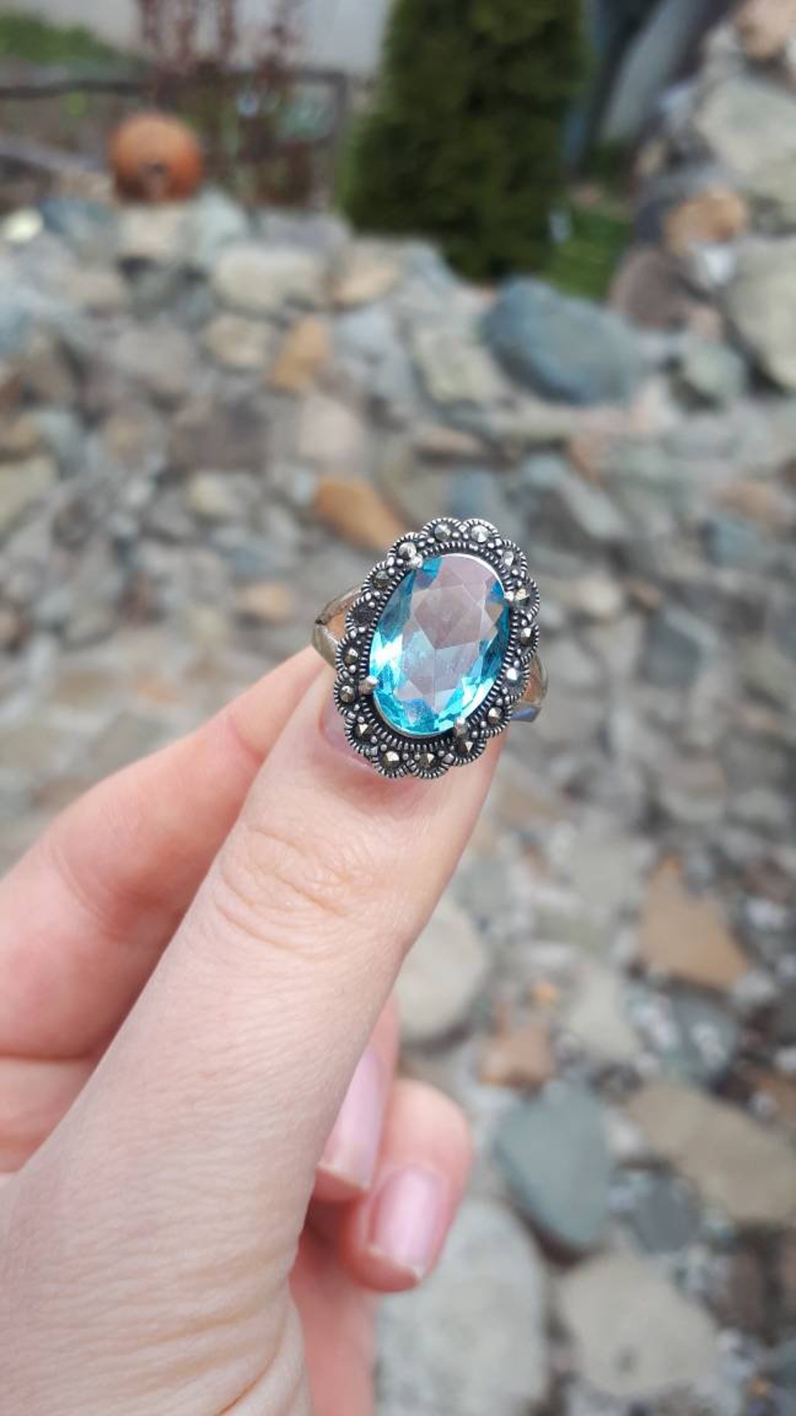 Aqua Blue Oval Ring Silver Aquamarine Pendant Vintage Light - Etsy