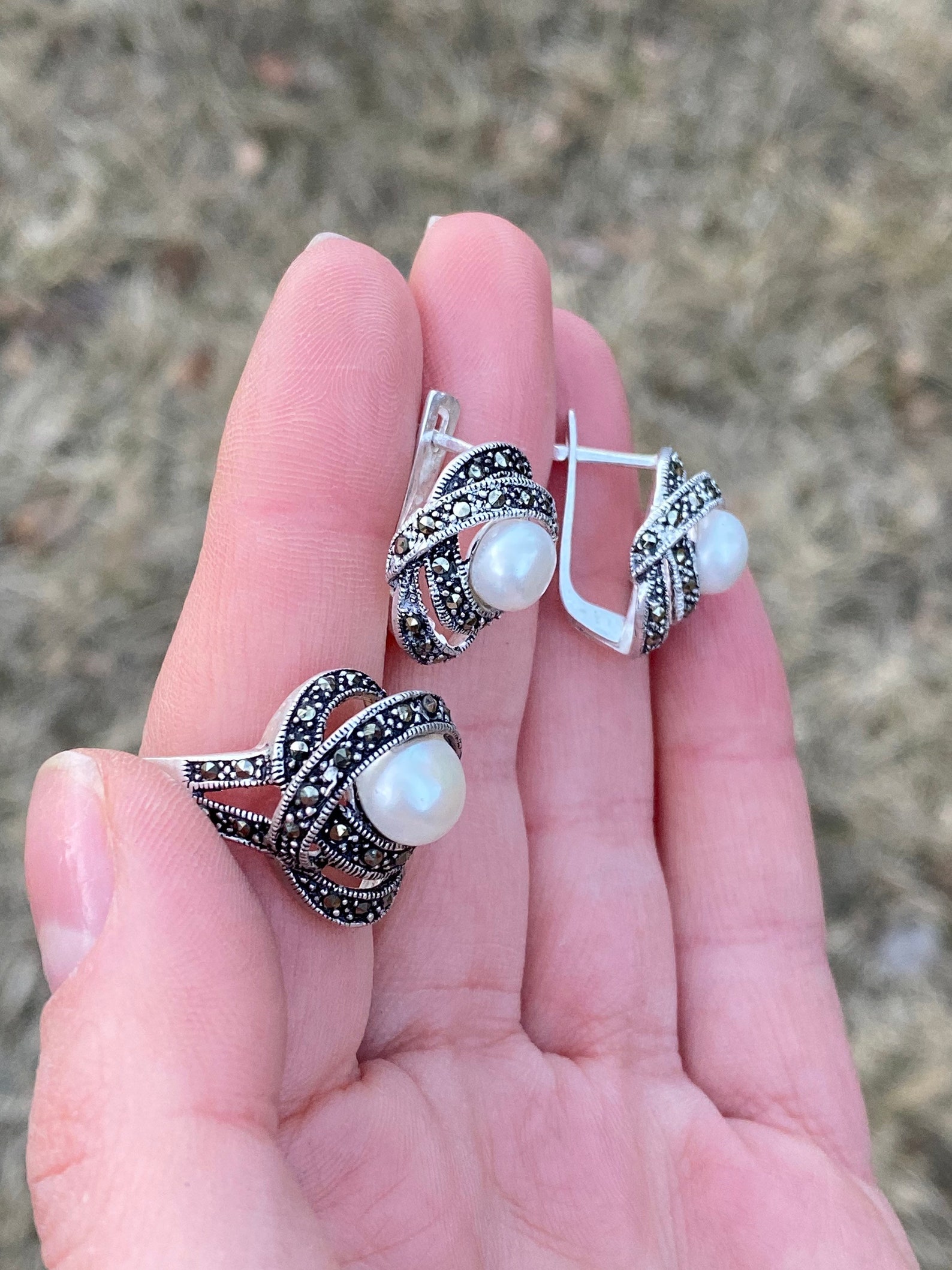 Pearl earrings silver pearl jewelry marcasite pearl earrings | Etsy