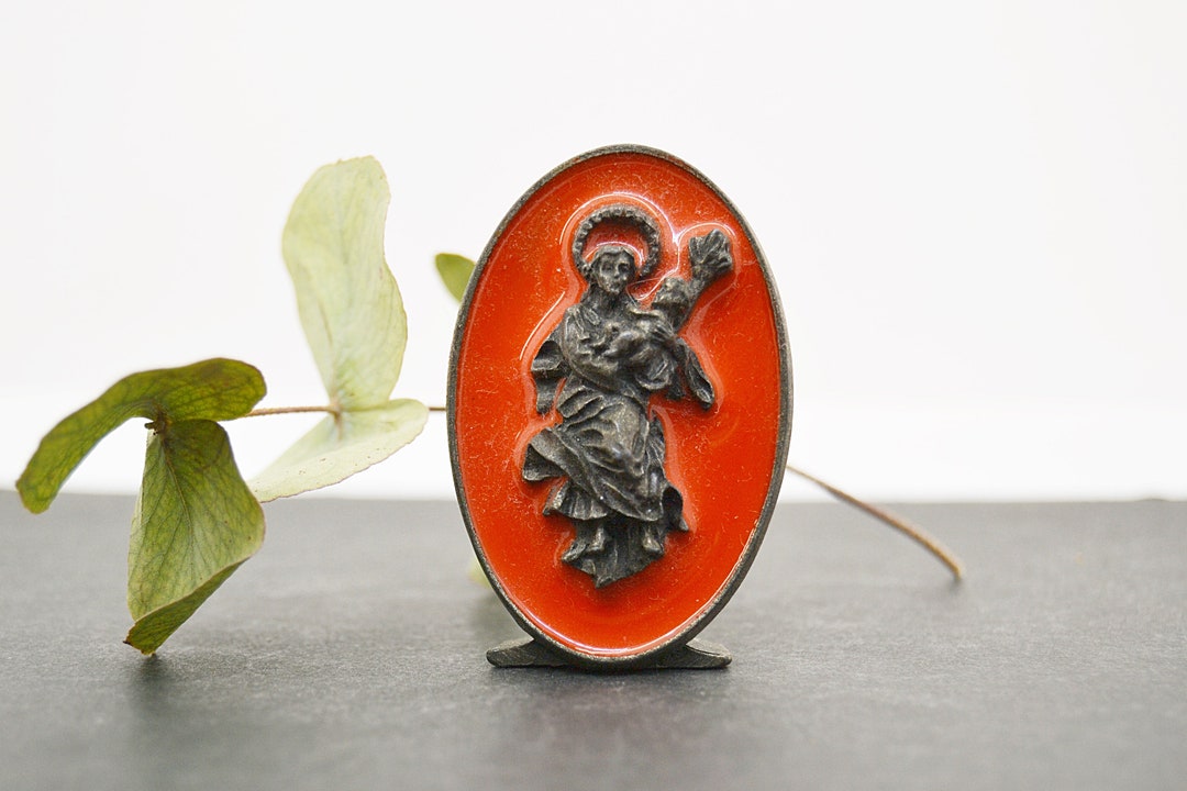 Vintage Religious Figure Made of Metal and Red Enamel, Religious ...