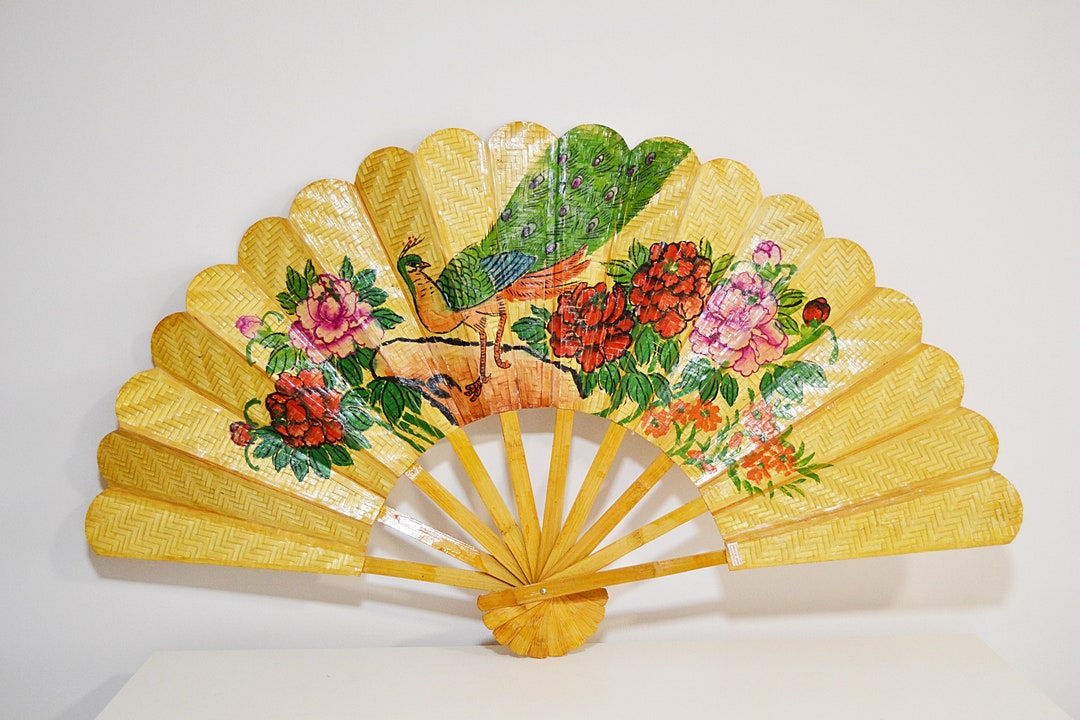 Vintage Large Asian Huge Chinese Hand Painted Bamboo Wall Fan Wall Home ...