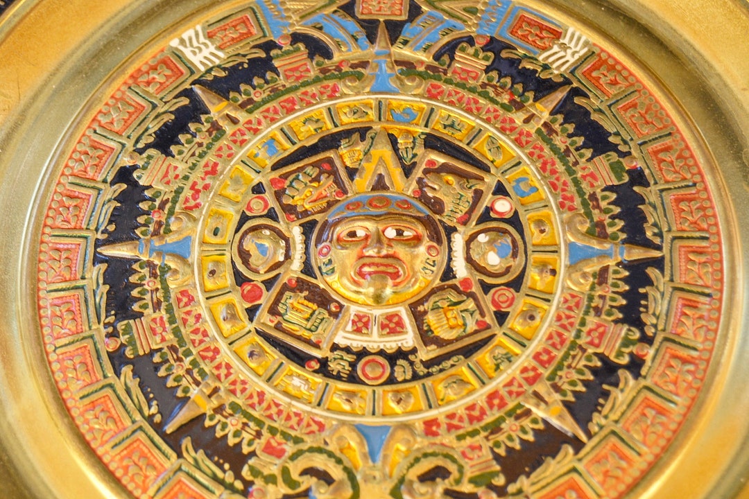 Aztec Sun, Stone Calendar, Collectible Brass Plate, Wall Plaque, Native ...