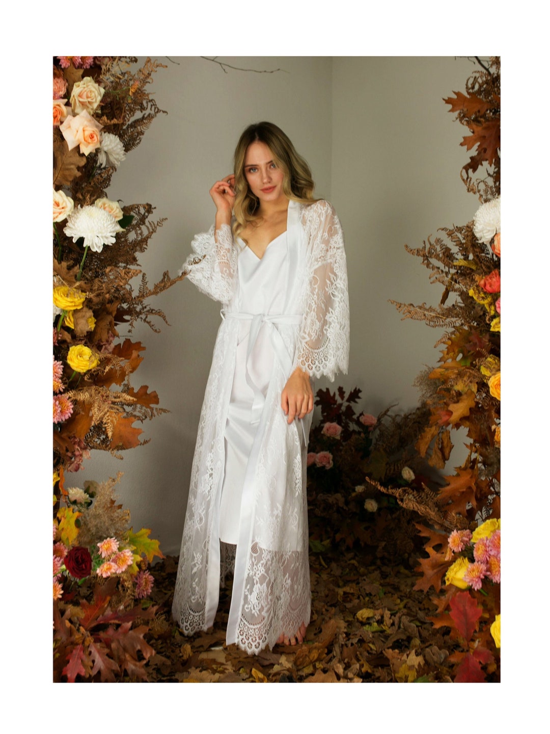 Nightgown and Robe Set Bridal Lace Robe Long and Silk Slip Dress Classy ...