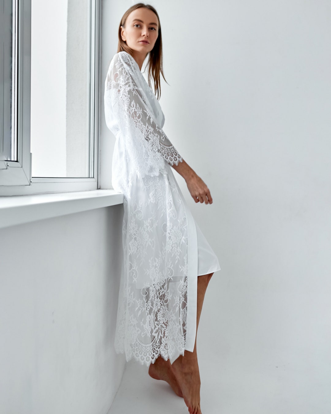 Nightgown and Robe Set Bridal Lace Robe Long and Silk Slip Dress Classy ...