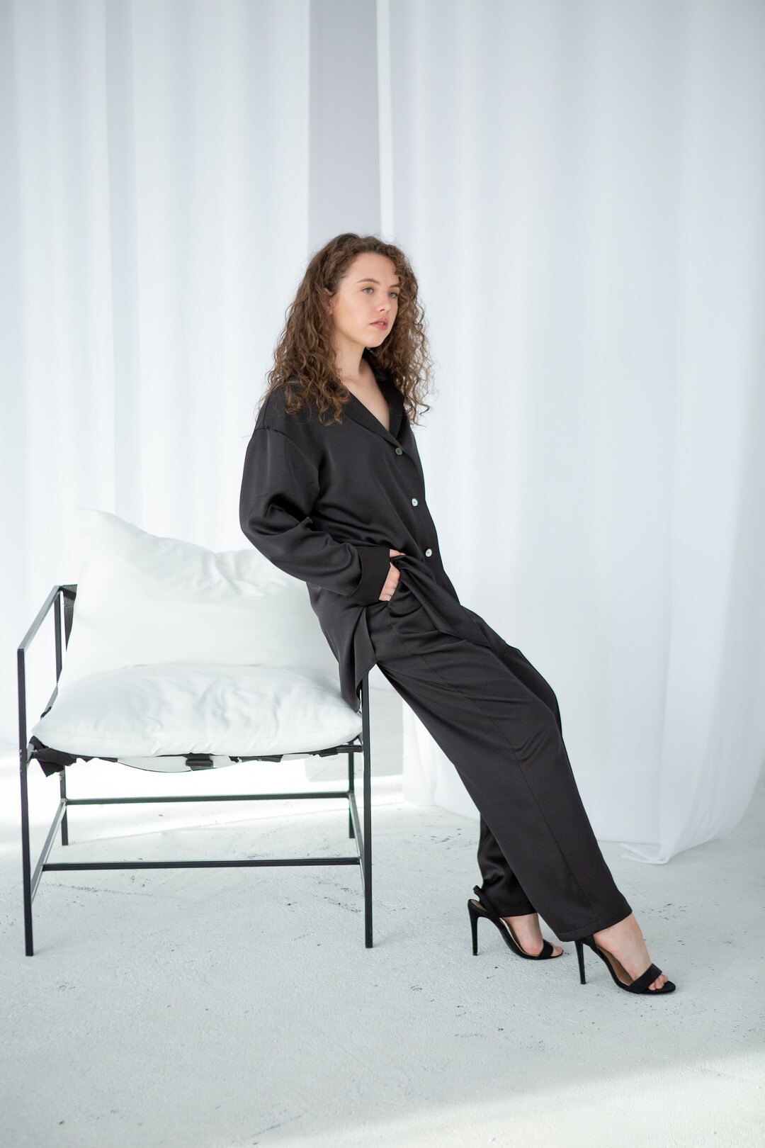 Oversized Silk Lounge Set for Women Black Loose Blouse Silk Pajama Set ...