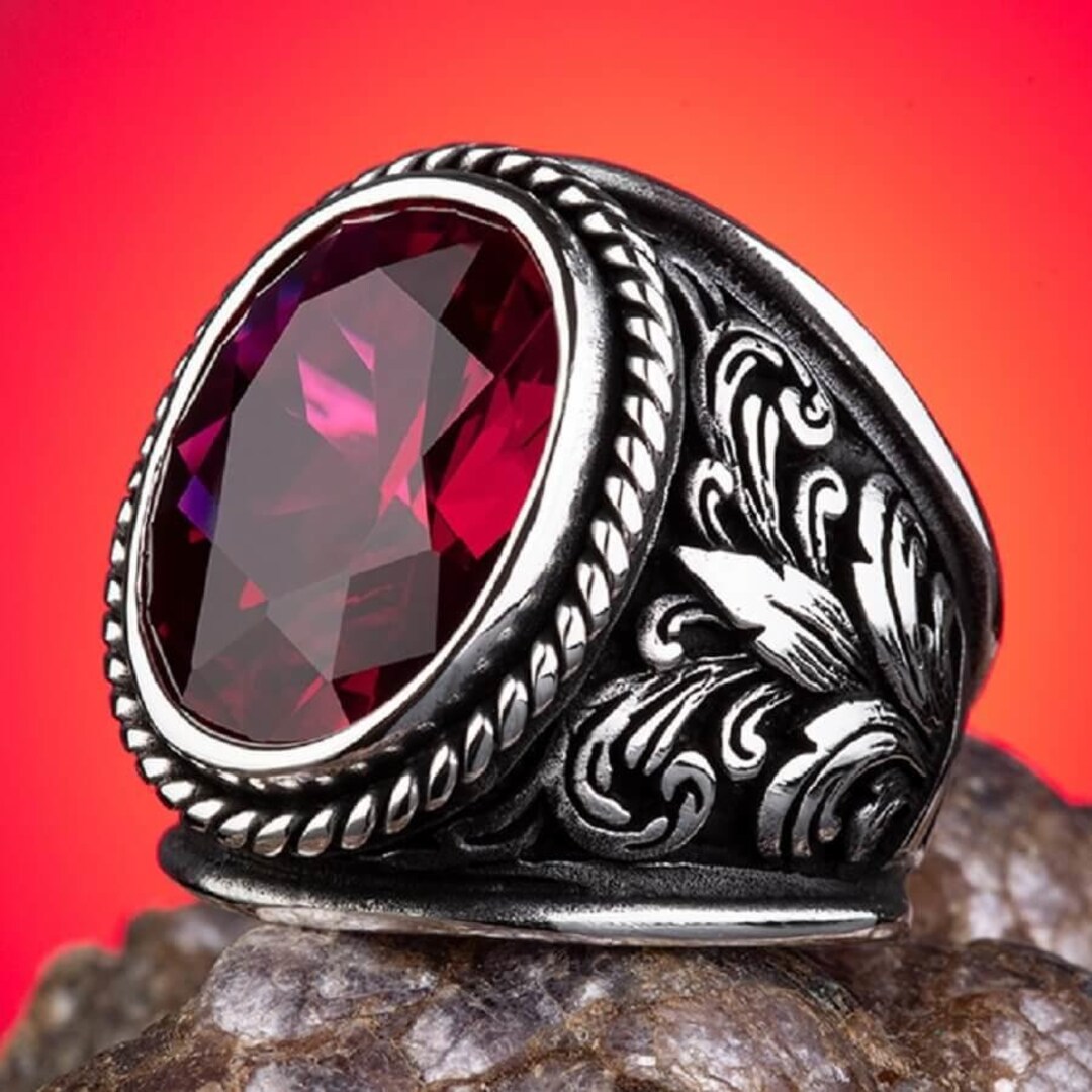 Men's Ruby Gemstone Ring-red Natural Ruby Anniversary Ring-shiny Silver ...
