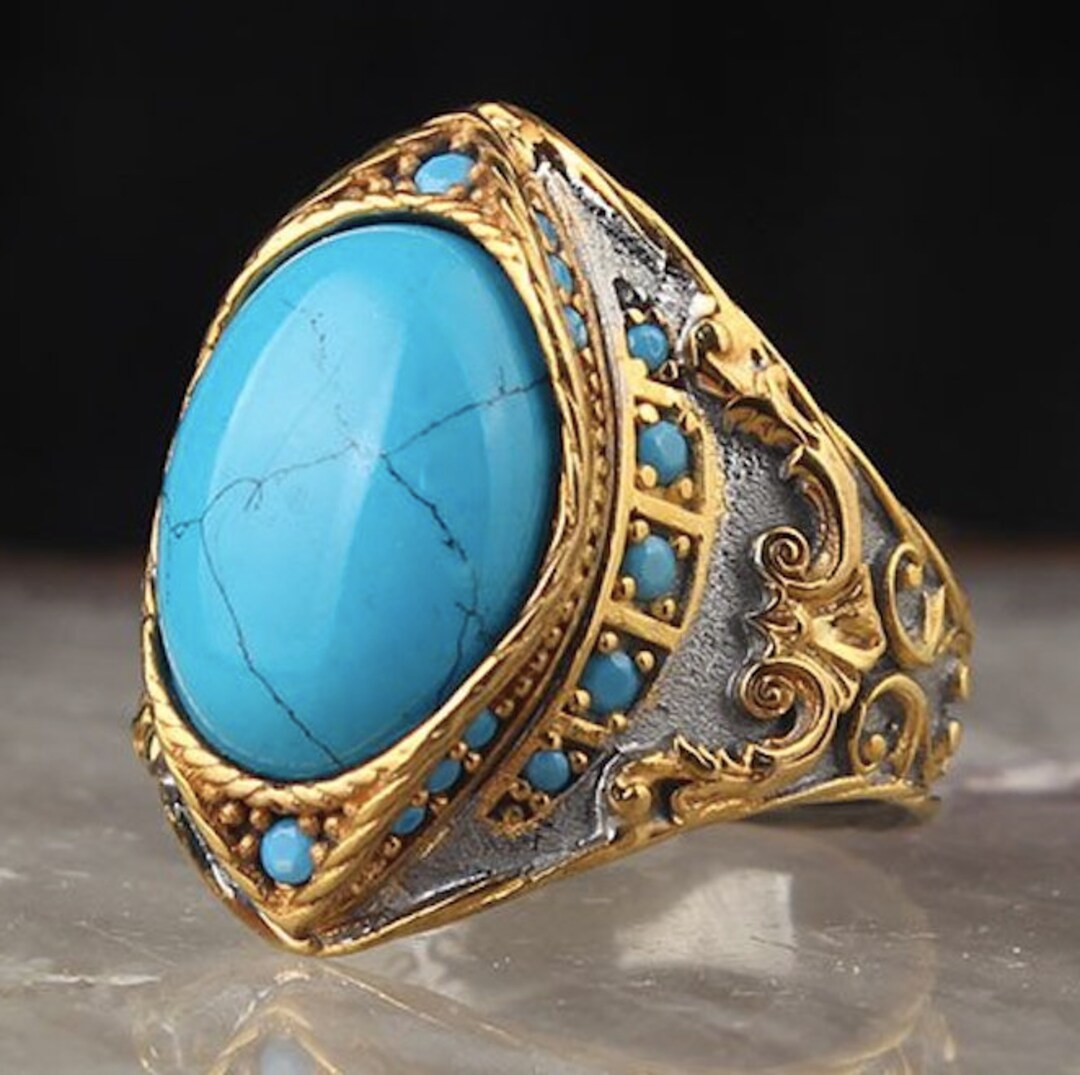 Gold Plated Turquoise Stone Handmade Ring-vintage Silver Ring-turquoise ...