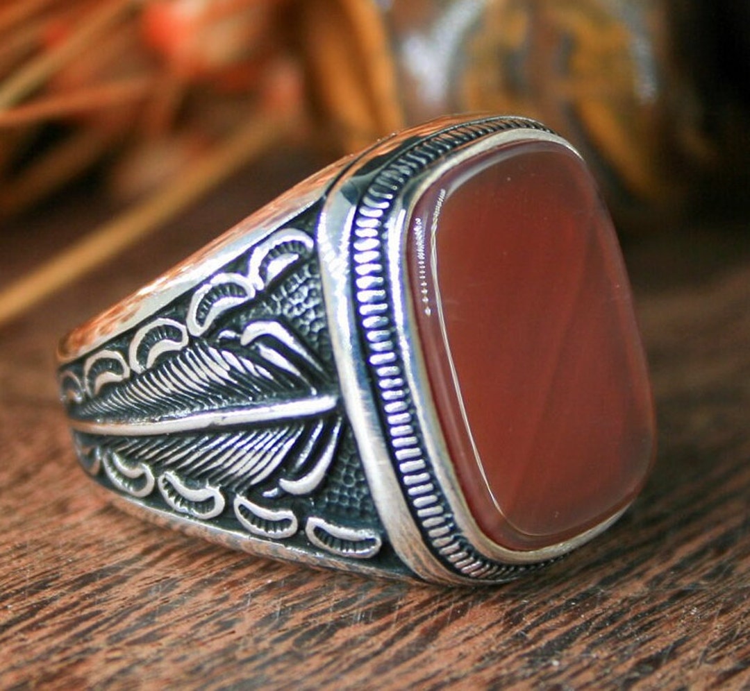 Rectangular Red Agate Ring-feather Detailed Agate Stone Silver Ring ...