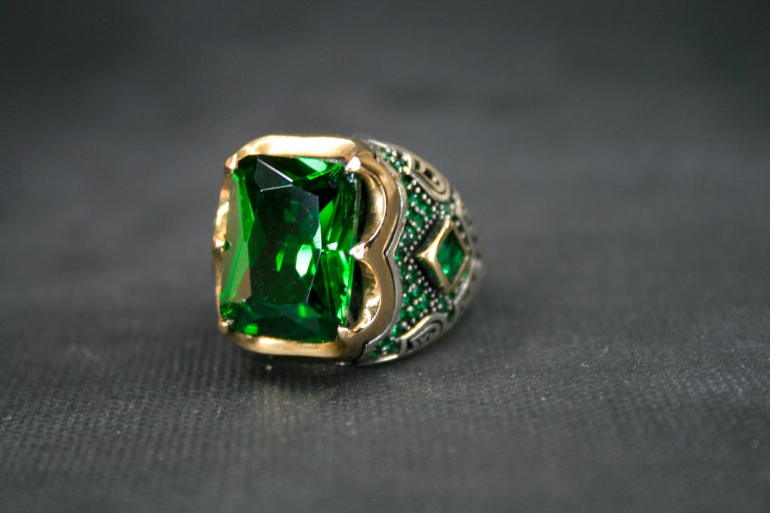 Emerald Green Zircon Ring • Gold Bezel Silver • Rectangular Cut Unisex ...