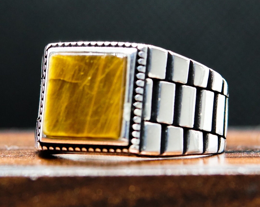 Tiger Eye Ring-rectangle Ring-tiger Eye Gemstone Signet Mens Ring ...