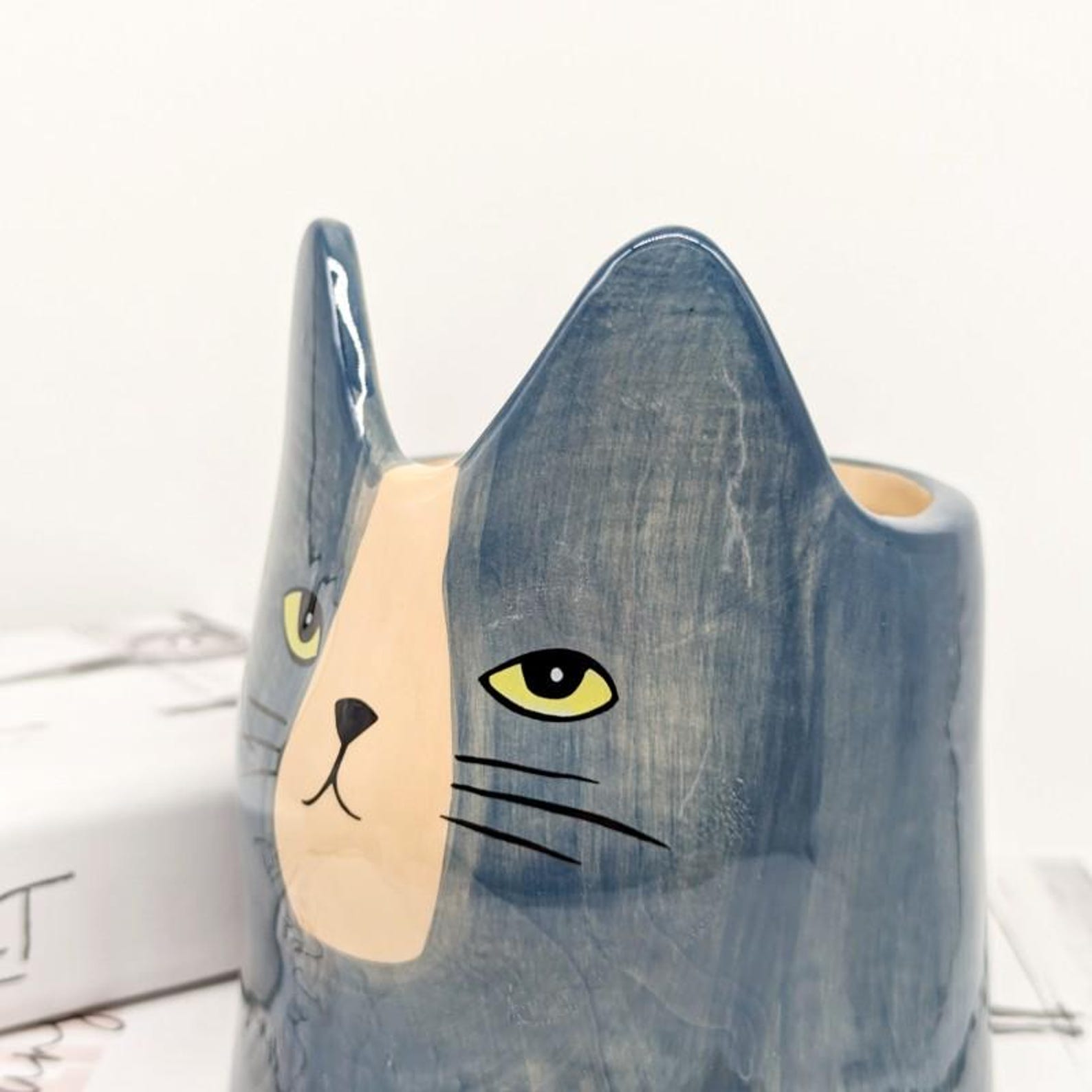 Blue Wise Cat Ceramic Planter Pot - Etsy