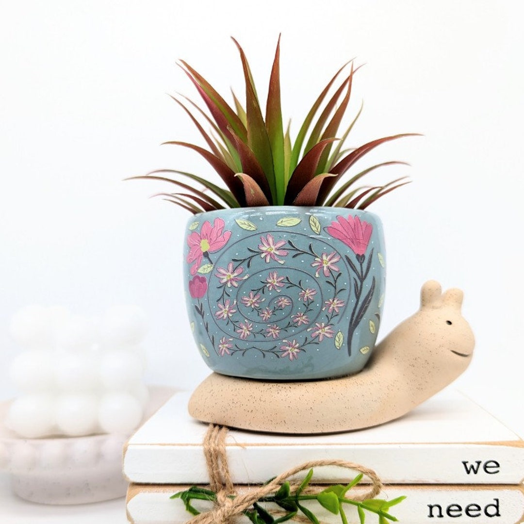 Blue Floral Snail Planter Pot | Snail Gifts | Pots for Plants ...