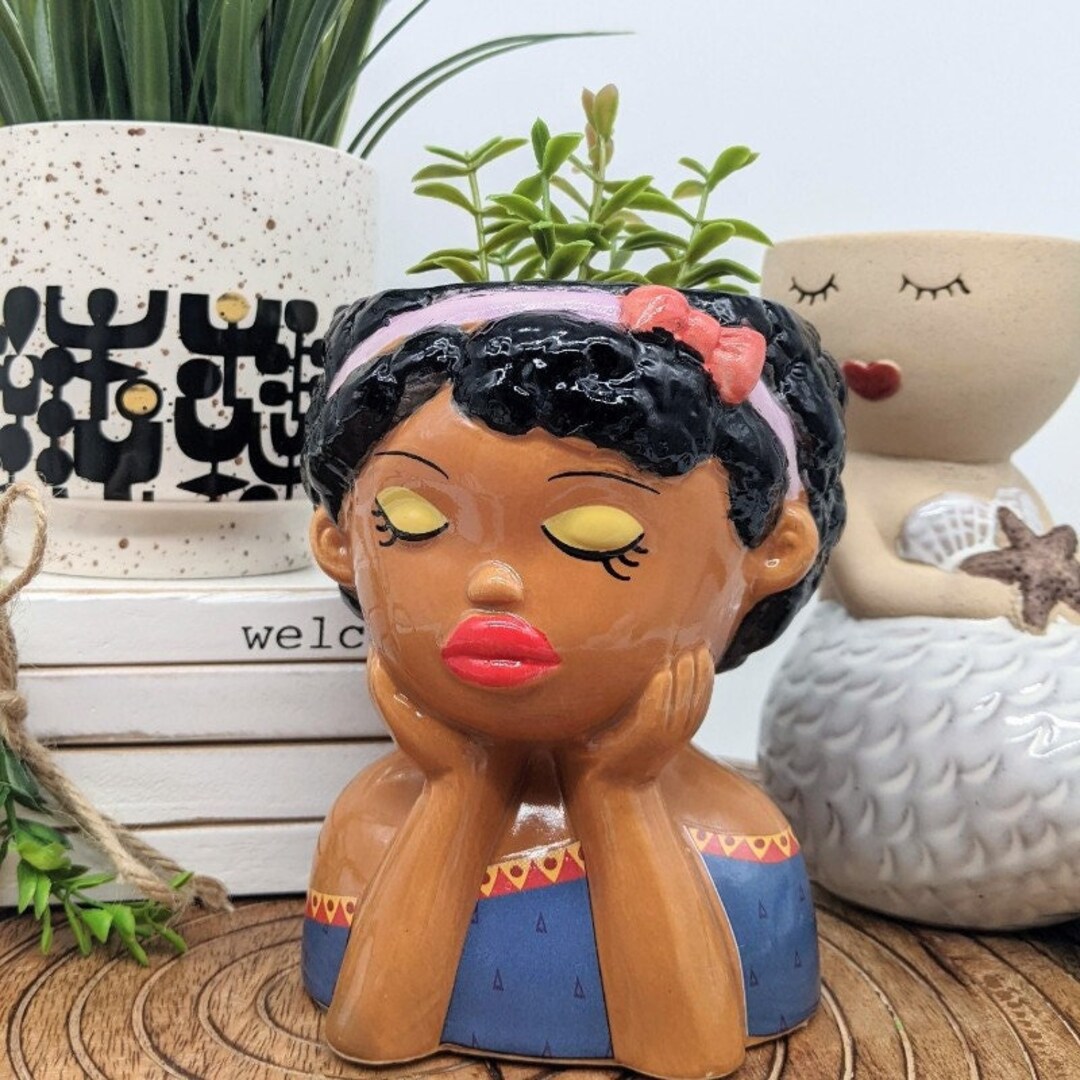 African Baby Girl Head Planter Pot, 13cm Girl Planter Face Pot Head ...