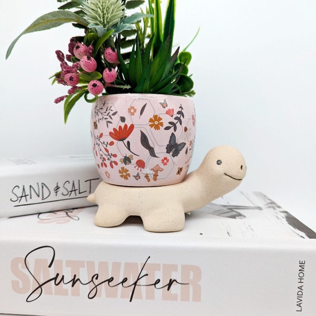 Pink Floral Turtle Planter Pot | Turtle Home Decor | Flower Pot ...