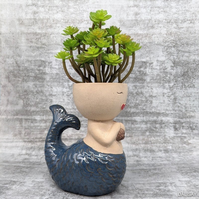 Blue Mermaid With Sea Shell Planter Pot 15cm Mermaid Decor - Etsy