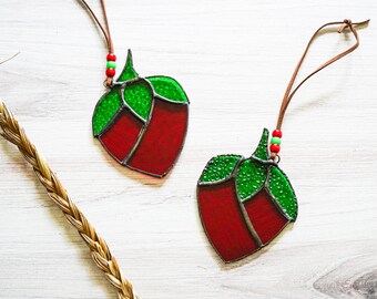 Stained Glass Strawberries Suncatcher With Leaves and Textured Red ...