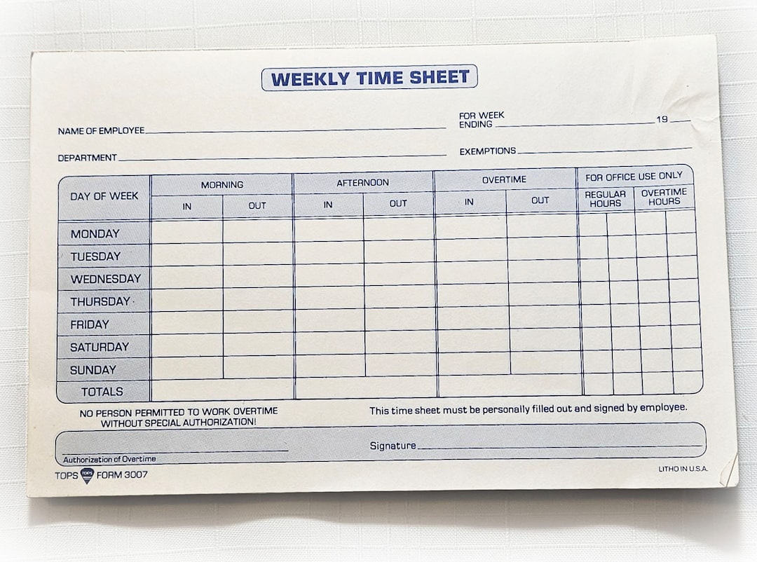 4 Vintage Employee Payroll Weekly Time Sheets 8 1/2"w X 5 1/2" Ruled ...