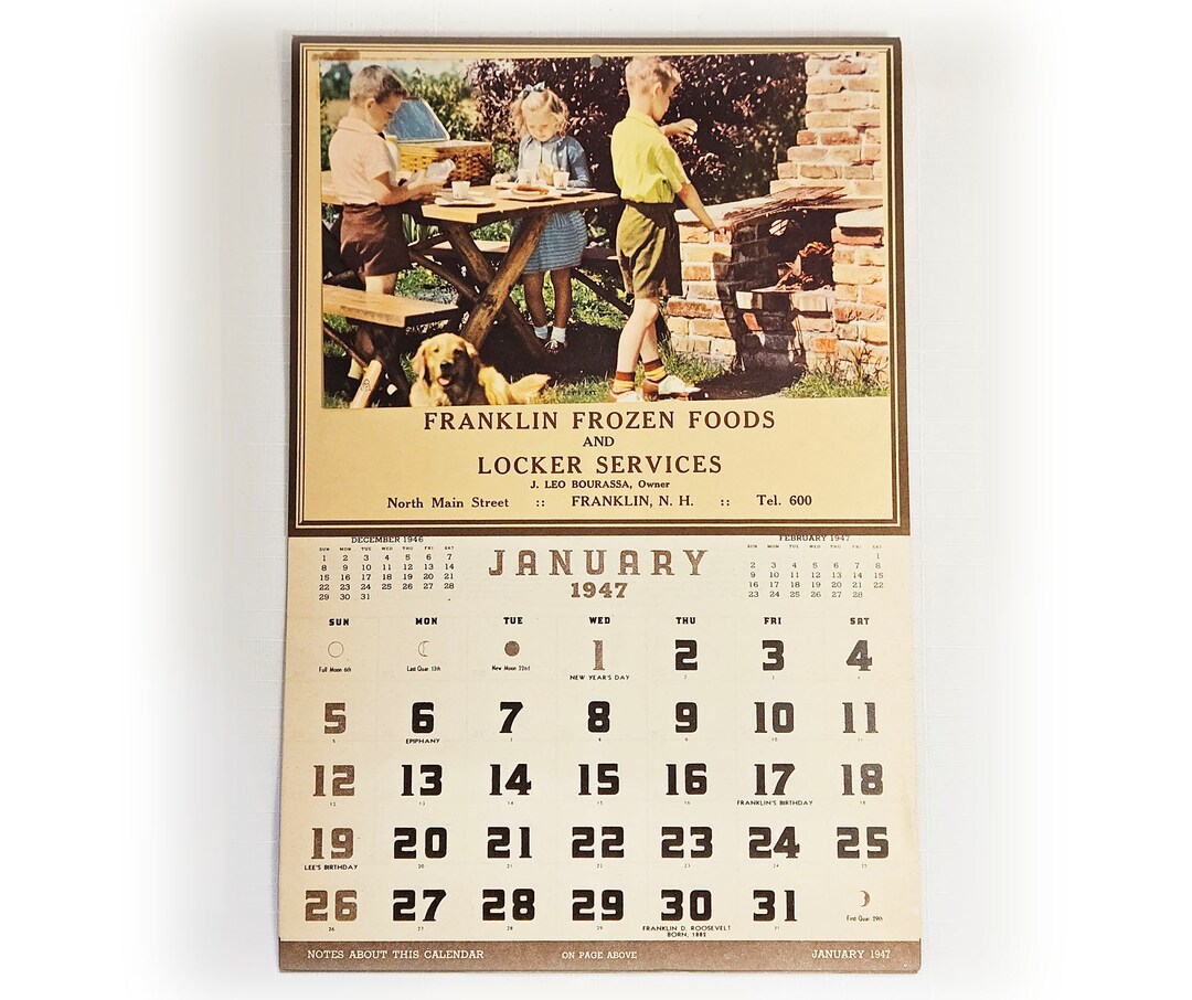 Vintage Advertising Calendar 1947 Franklin Frozen Foods NH. Recipes ...