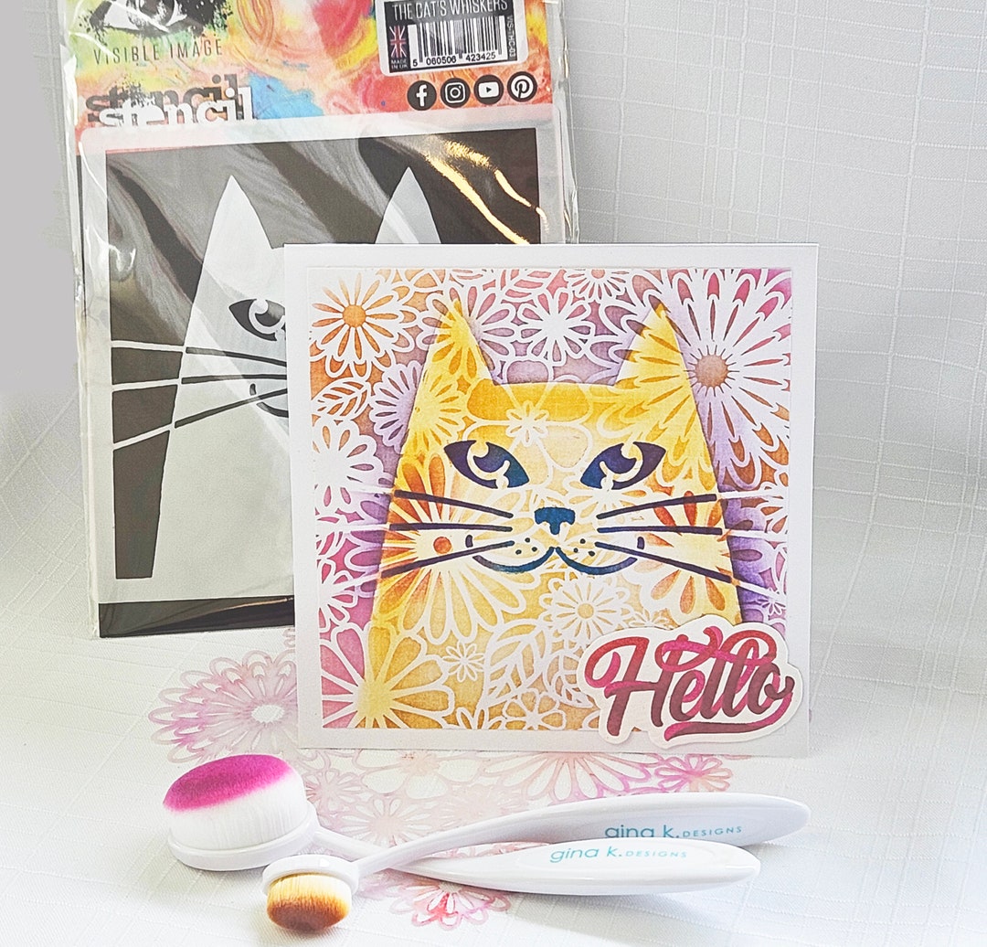 Stenciled Cat Face Card: Handmade Hello Greeting Stationery - Etsy