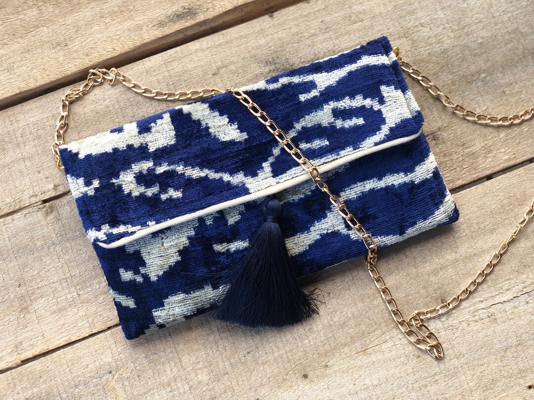 Blue Velvet Clutch Bag, Navy Blue Wedding Clutch, Ikat Clutch Bag, Boho ...
