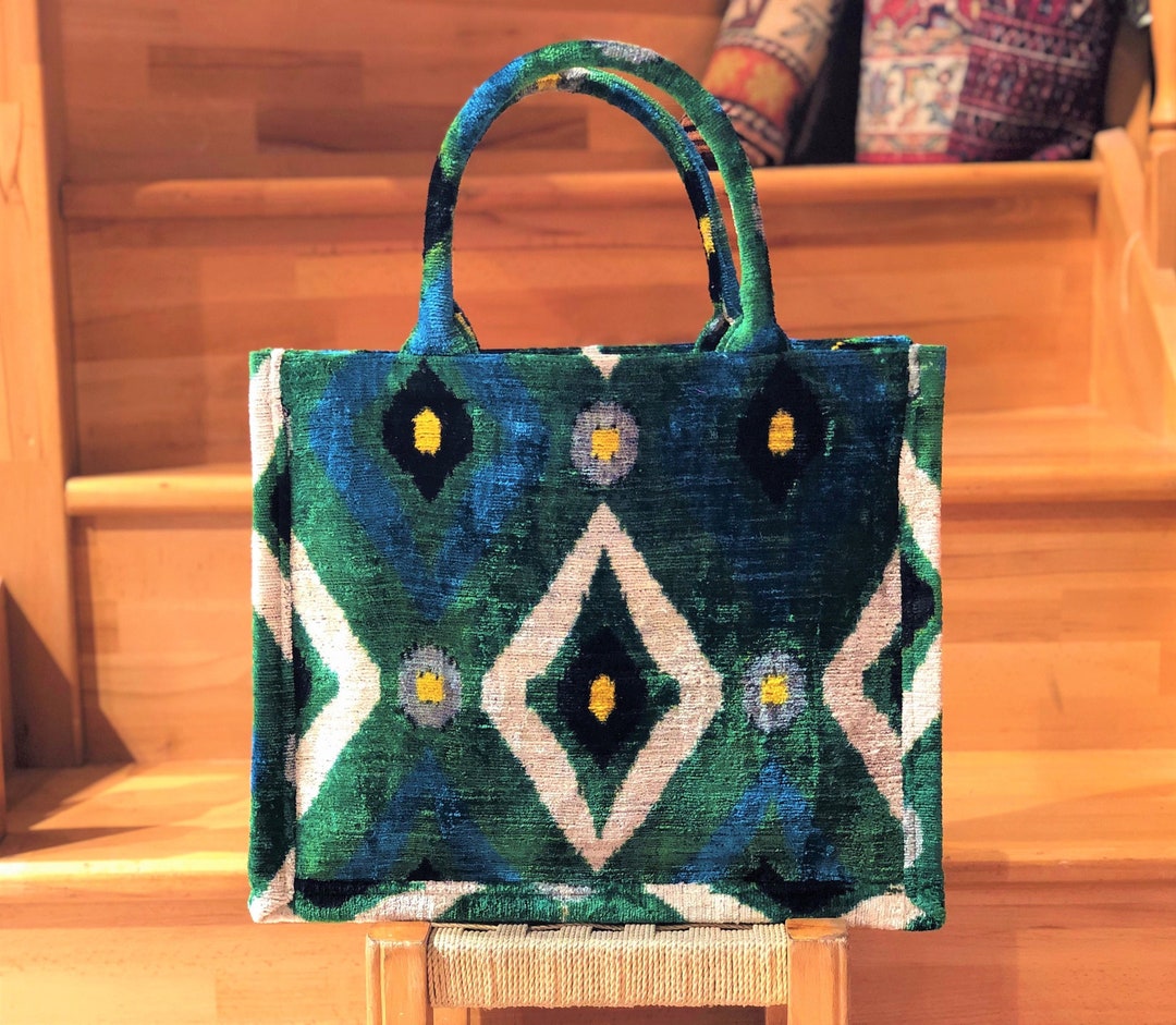 Green Velvet Bag, Velvet Ikat Tote Bag, Green Ikat Bag, Tote Evening ...