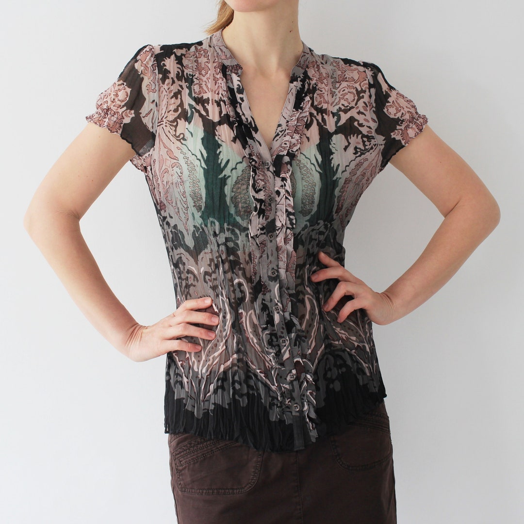 Vintage Translucent Ruffled Blouse Size M Polyester Sexy Flirty Shirt ...