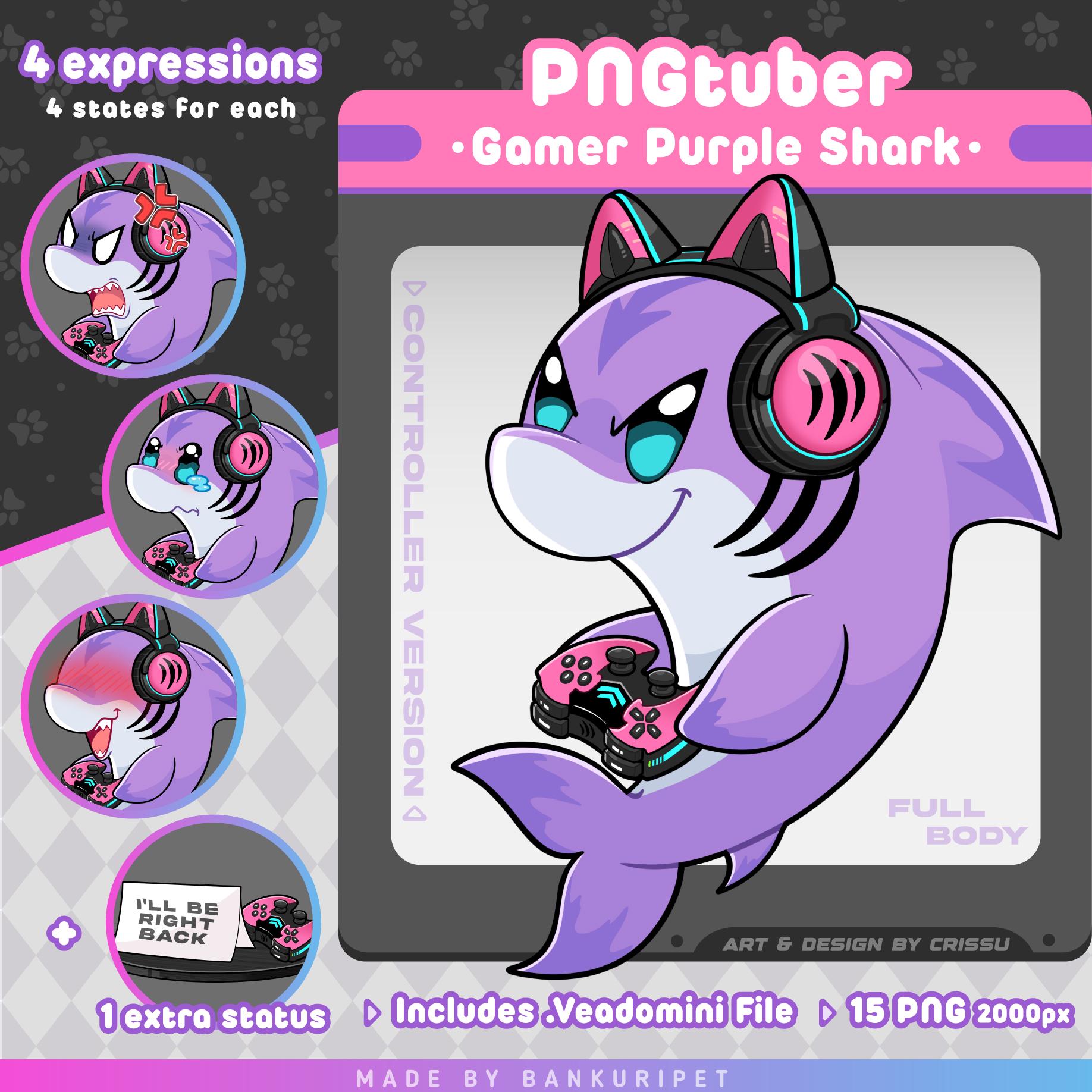 Gamer Purple Shark Pngtuber | Avatar for Streaming Twitch, Discord and ...