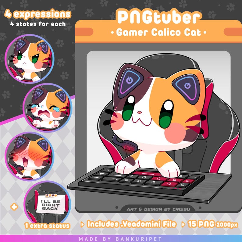 Calico Gamer Cat Pngtuber | Cute Calico Cat | Twitch Streaming Avatar ...