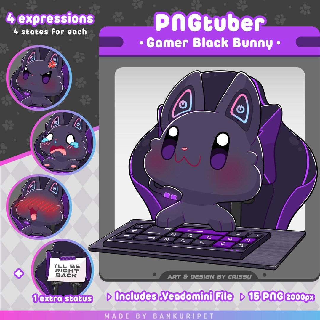Gamer Black Bunny Pngtuber | Cute Bunny | Twitch Streaming Avatar ...