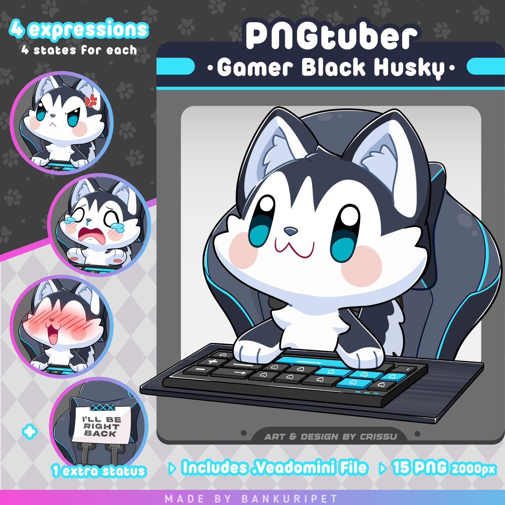 Gamer Black Husky Pngtuber | Cute Dog | Twitch Streaming Avatar ...