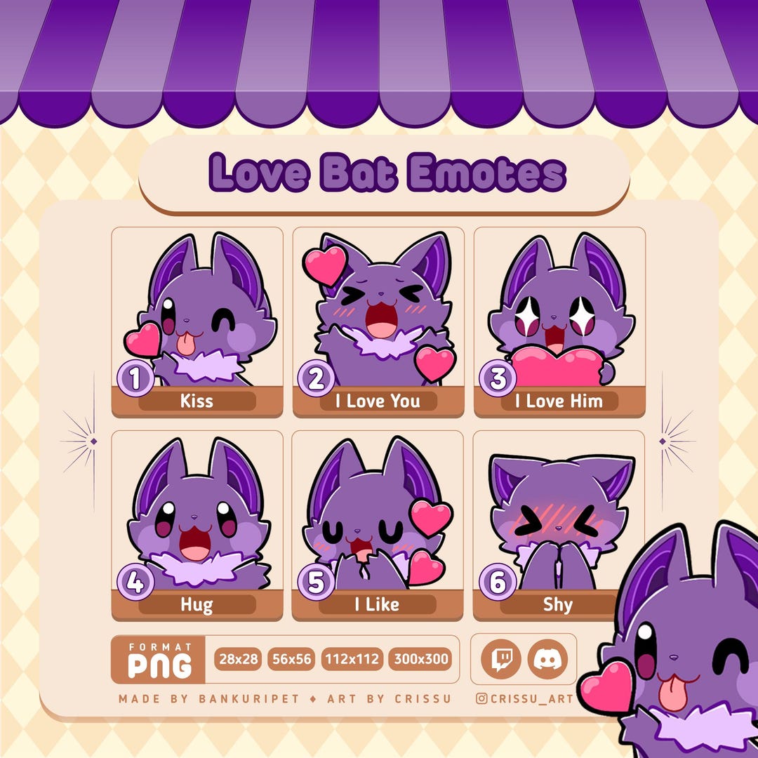 Purple Bat Love Emotes | 6 Cute Bat Emotes Pack | Twitch Emotes ...