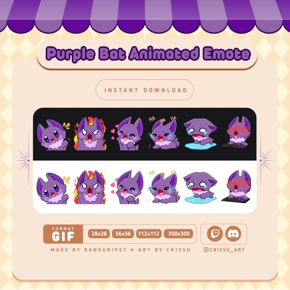 Purple Bat Animated Emote Pack / Cute Bat Emojis / Twitch / Discord ...