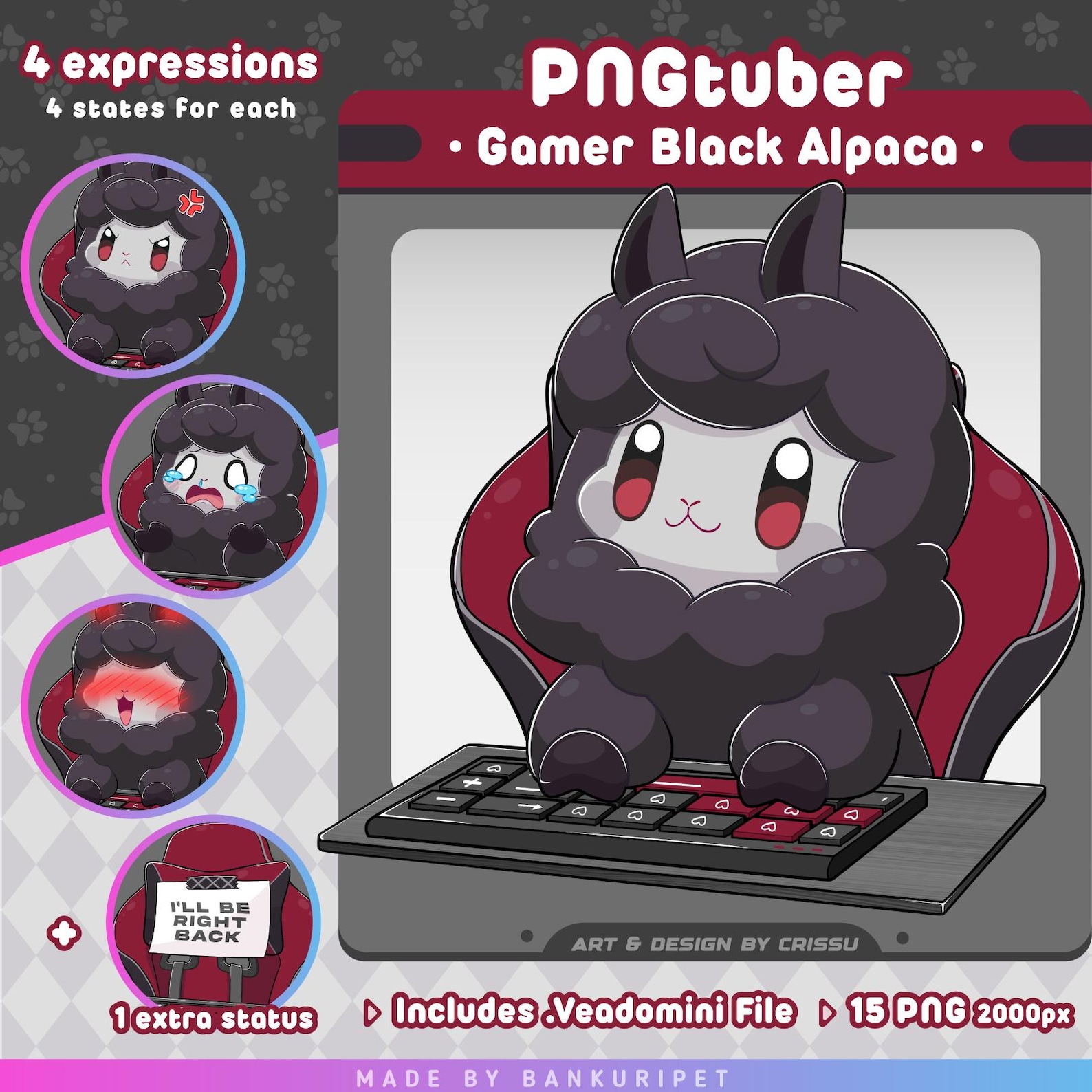 Gamer Black Alpaca Pngtuber | Cute Alpaca | Twitch Streaming Avatar ...
