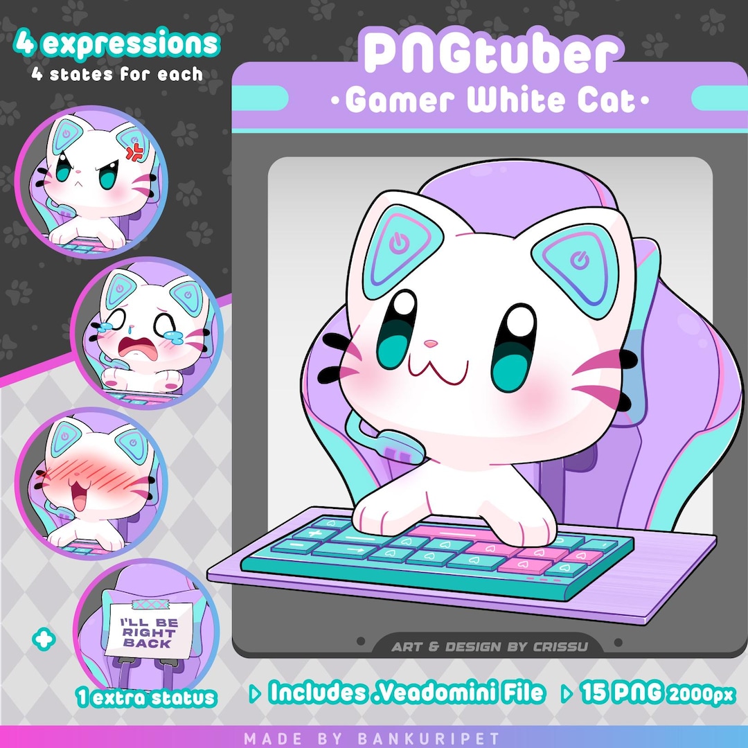 Gamer White Cat Pngtuber | Avatar for Streaming Twitch, Discord and ...