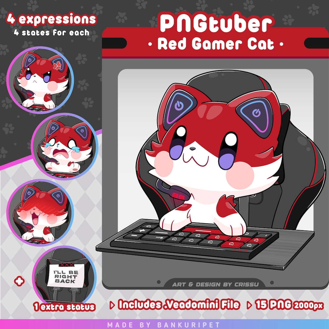 Red Gamer Cat Pngtuber | Cute Cat | Twitch Streaming Avatar | Vtuber ...