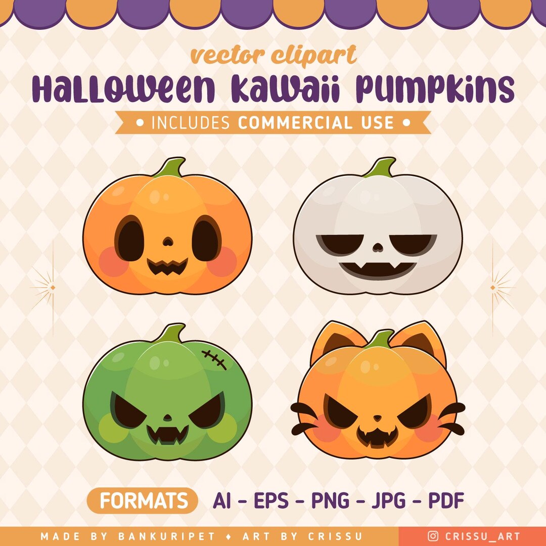 Halloween Kawaii Pumpkins Vector Clipart Cute Halloween Clipart Spooky ...