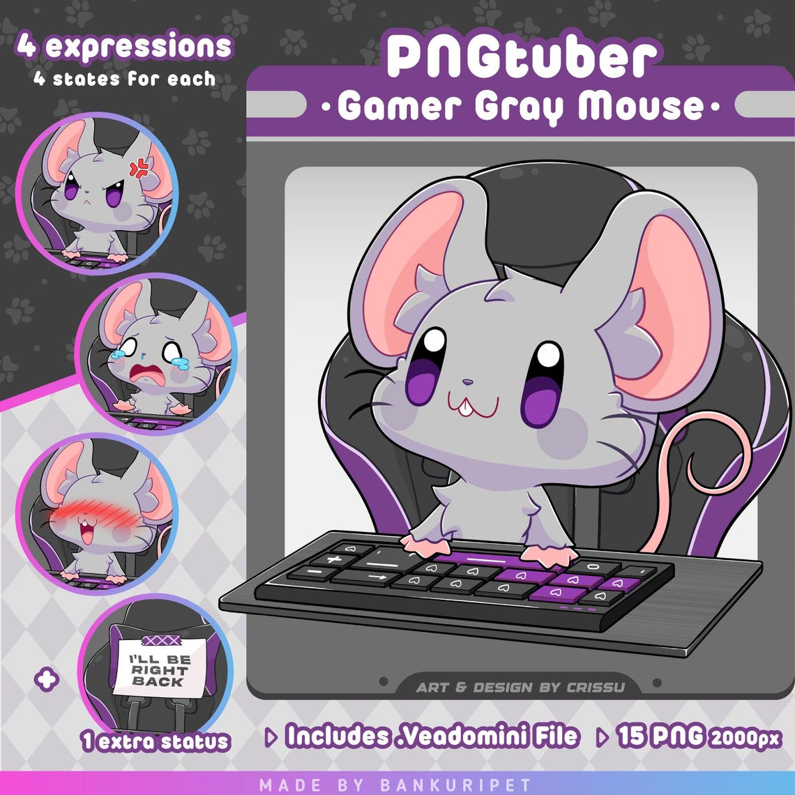 Gamer Gray Mouse Pngtuber | Cute Mouse | Twitch Streaming Avatar ...