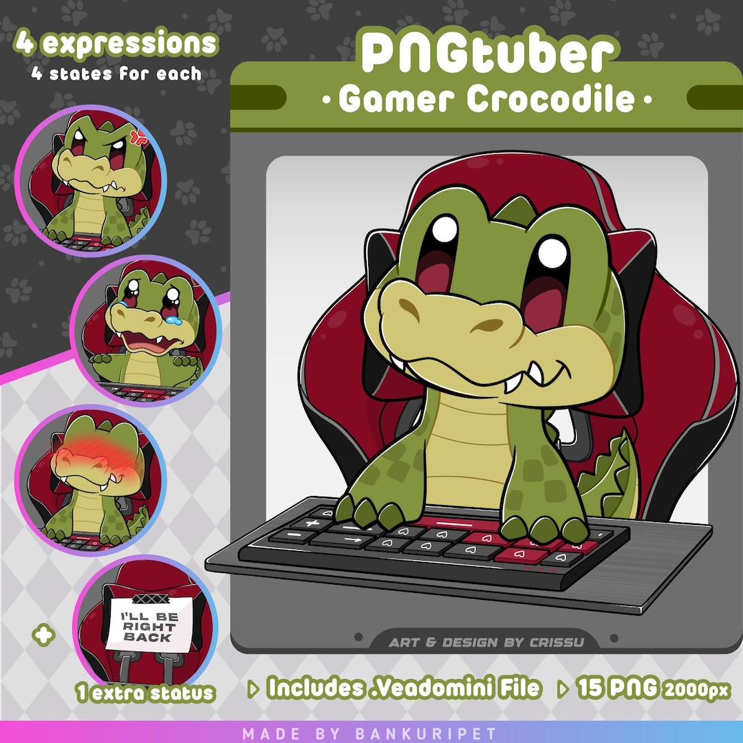 Gamer Crocodile Pngtuber | Avatar for Streaming Twitch, Discord and ...