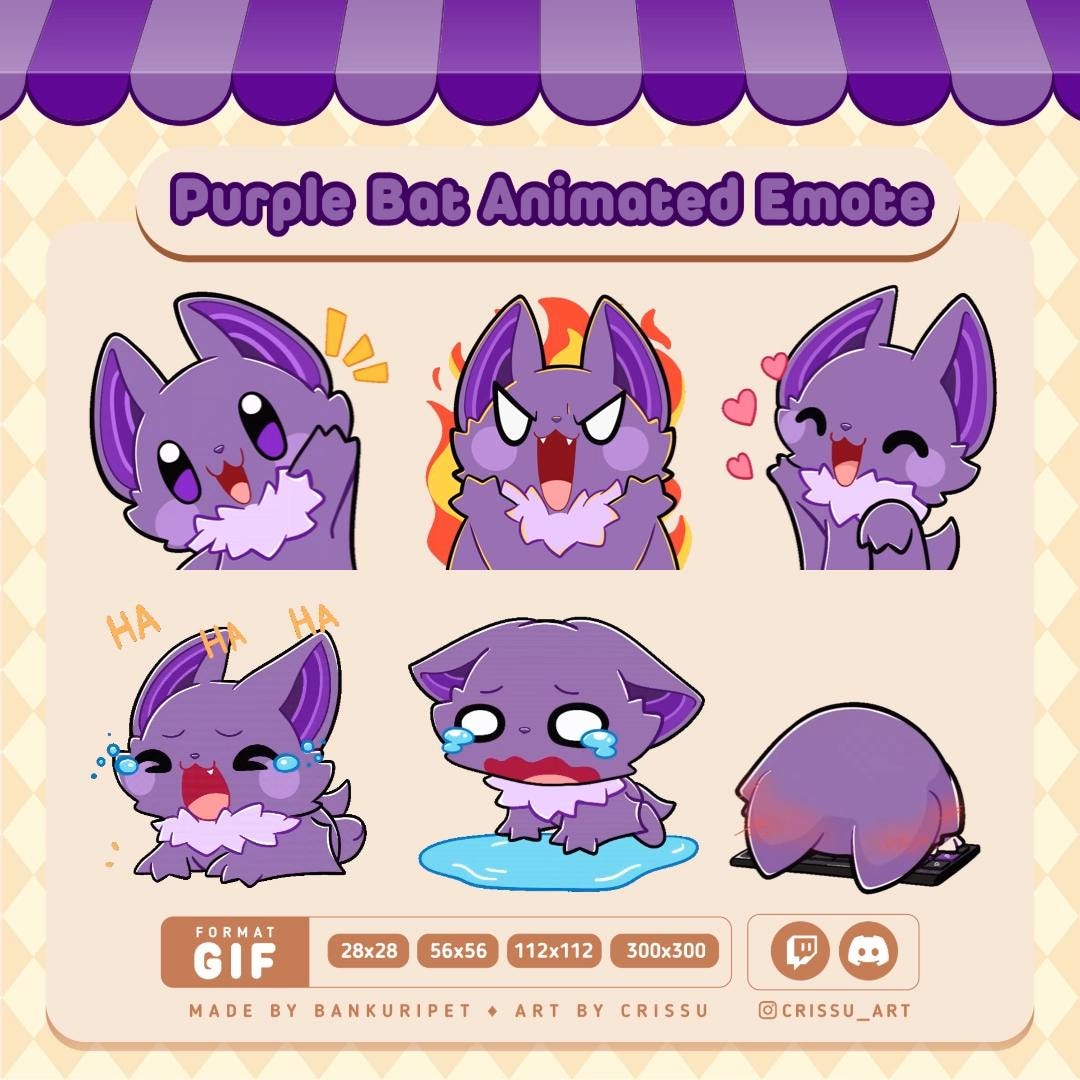 Purple Bat Animated Emote Pack / Cute Bat Emojis / Twitch / Discord ...