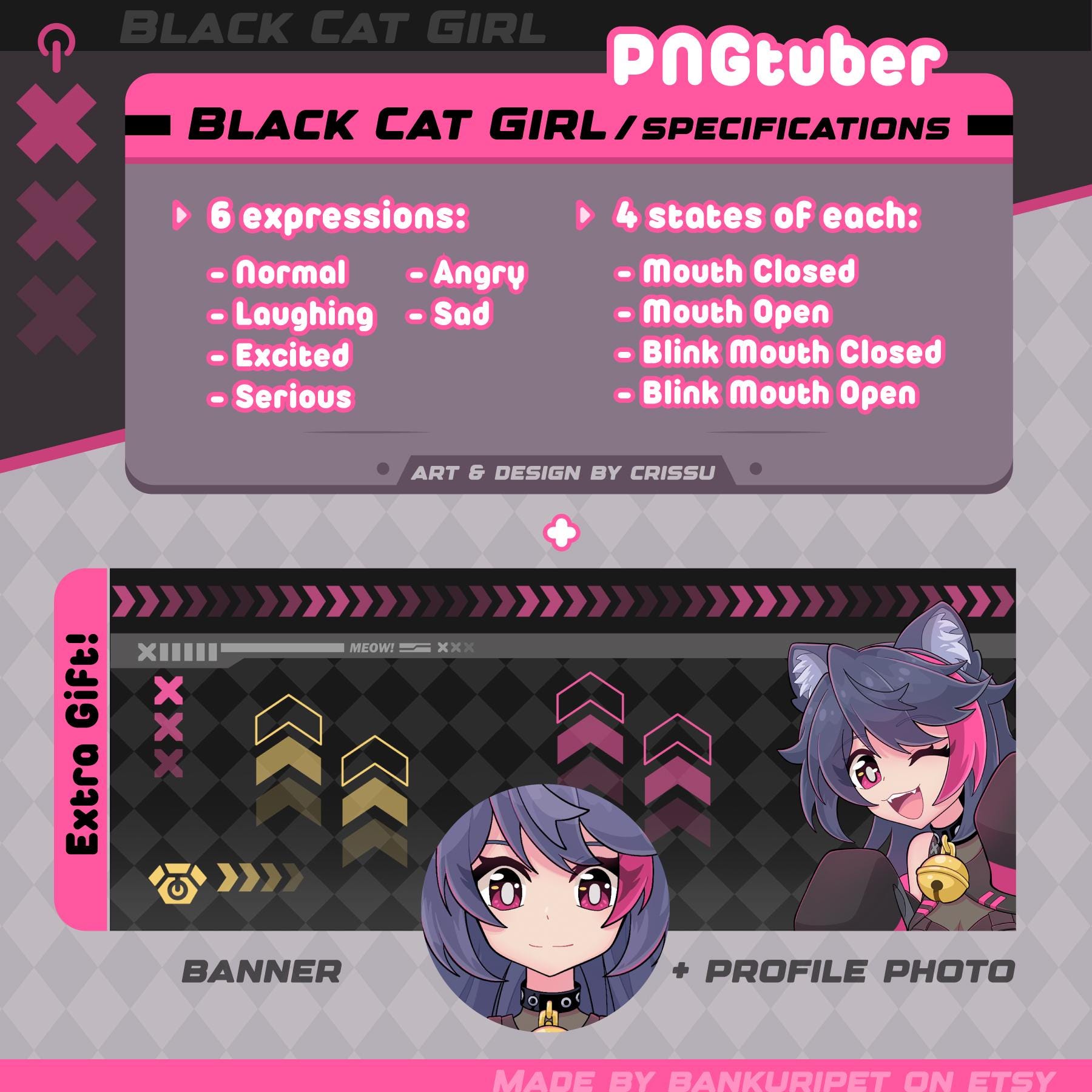 Black Cat Girl Pngtuber | Black Hair Gamer Girl | Twitch Streaming ...