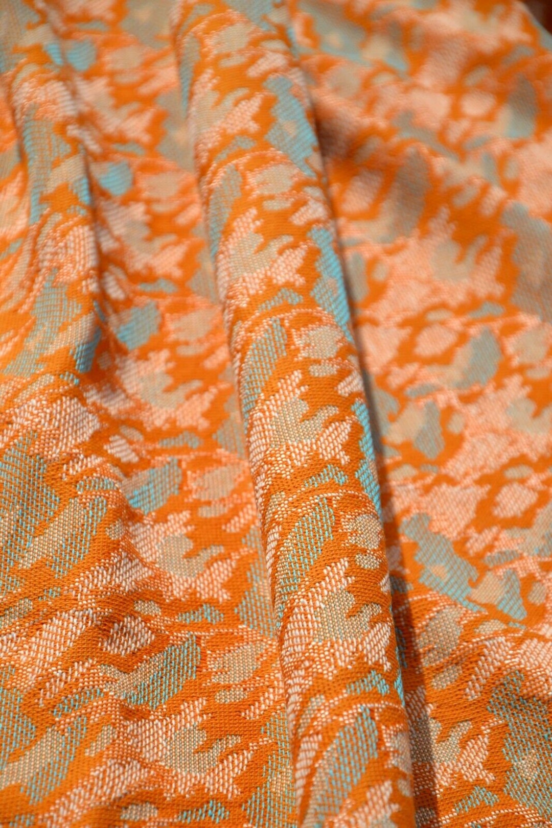 Vintage Upholstery Fabric, Dark Orange Teal Sheen Fabric, Authentic ...