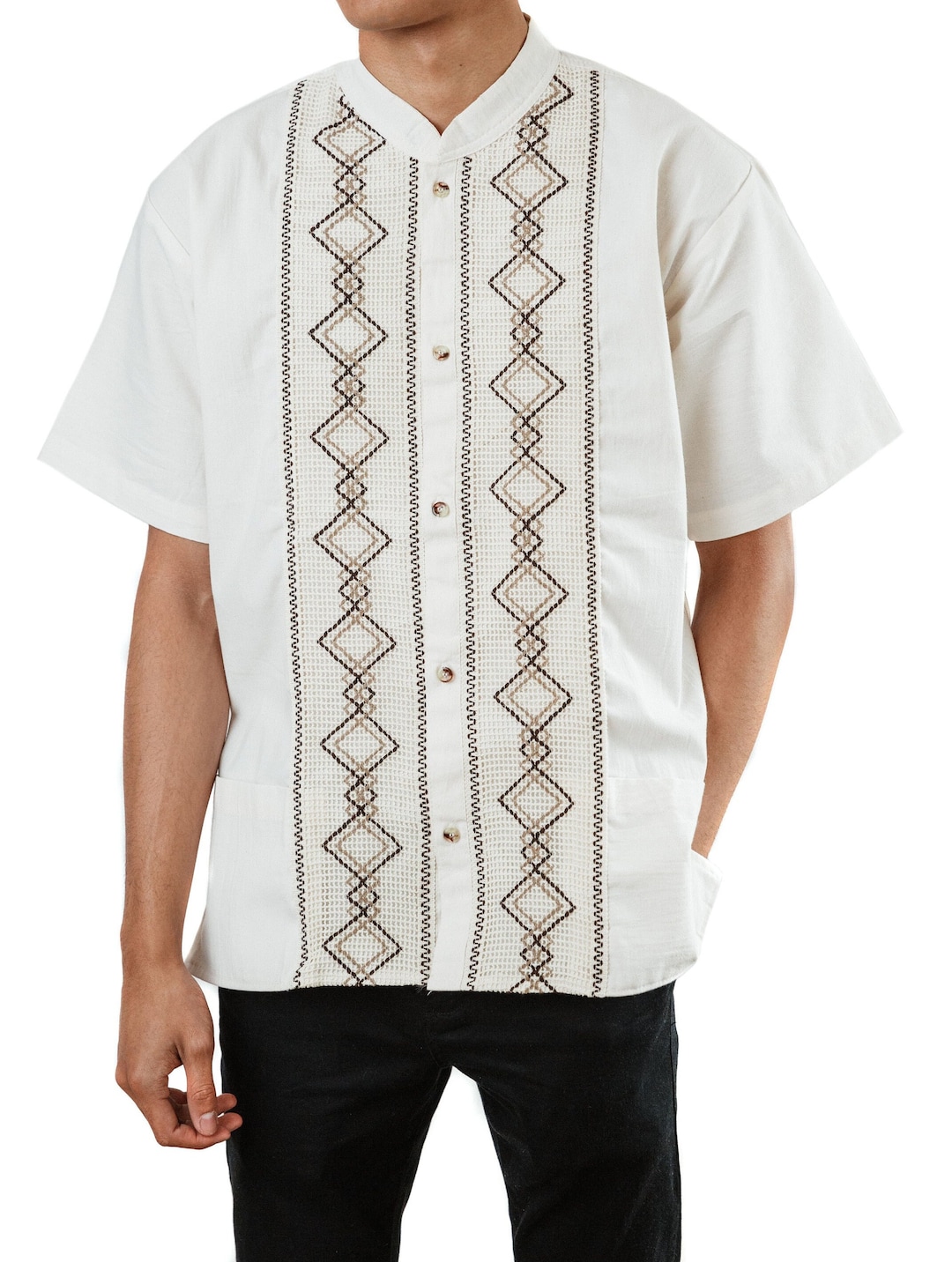 Mexican Men's Shirts Tejido Style Creme Front Pockets, Embroidered ...