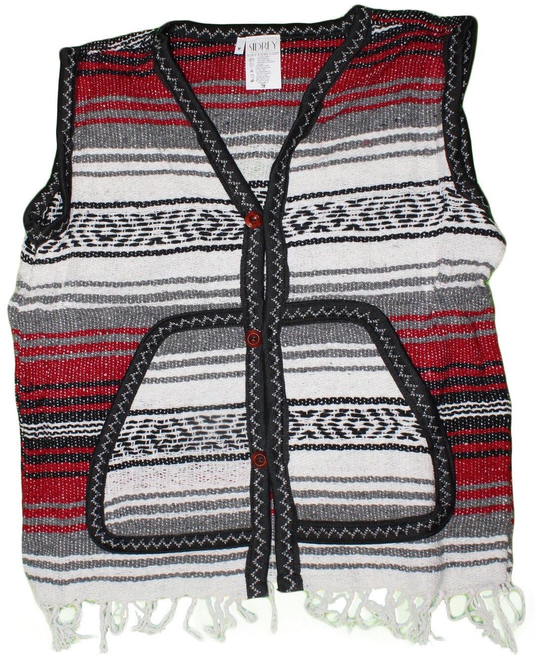 Unisex Mexican Poncho Vest Handmade Red Pattern Three Buttons Front ...