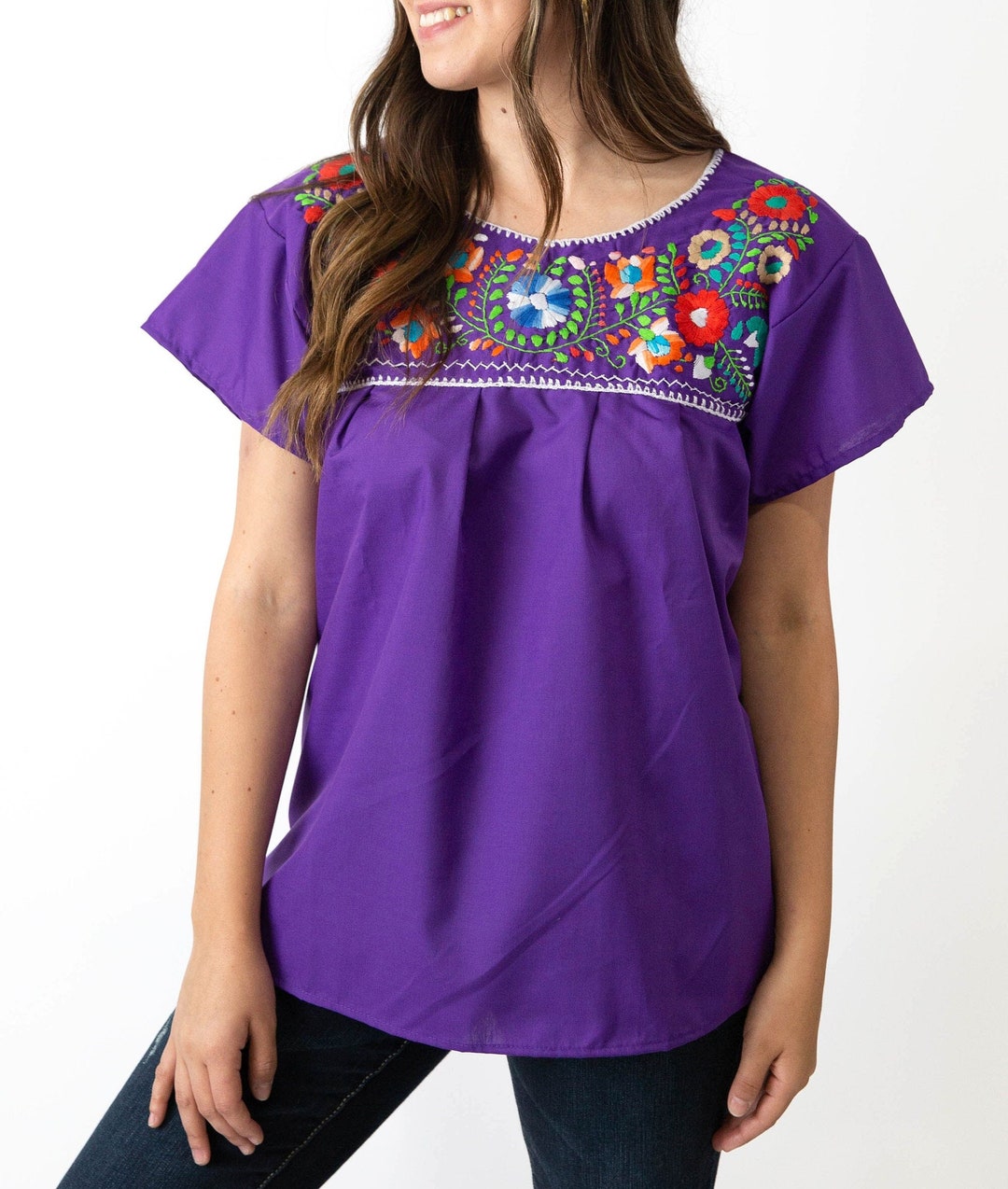 Authentic Mexican Tops Blouses Embroidered Handmade PURPLE All Sizes ...
