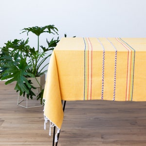 Handmade Mexican Tablecloth Rectangle Table Linen Yellow With Colorful ...