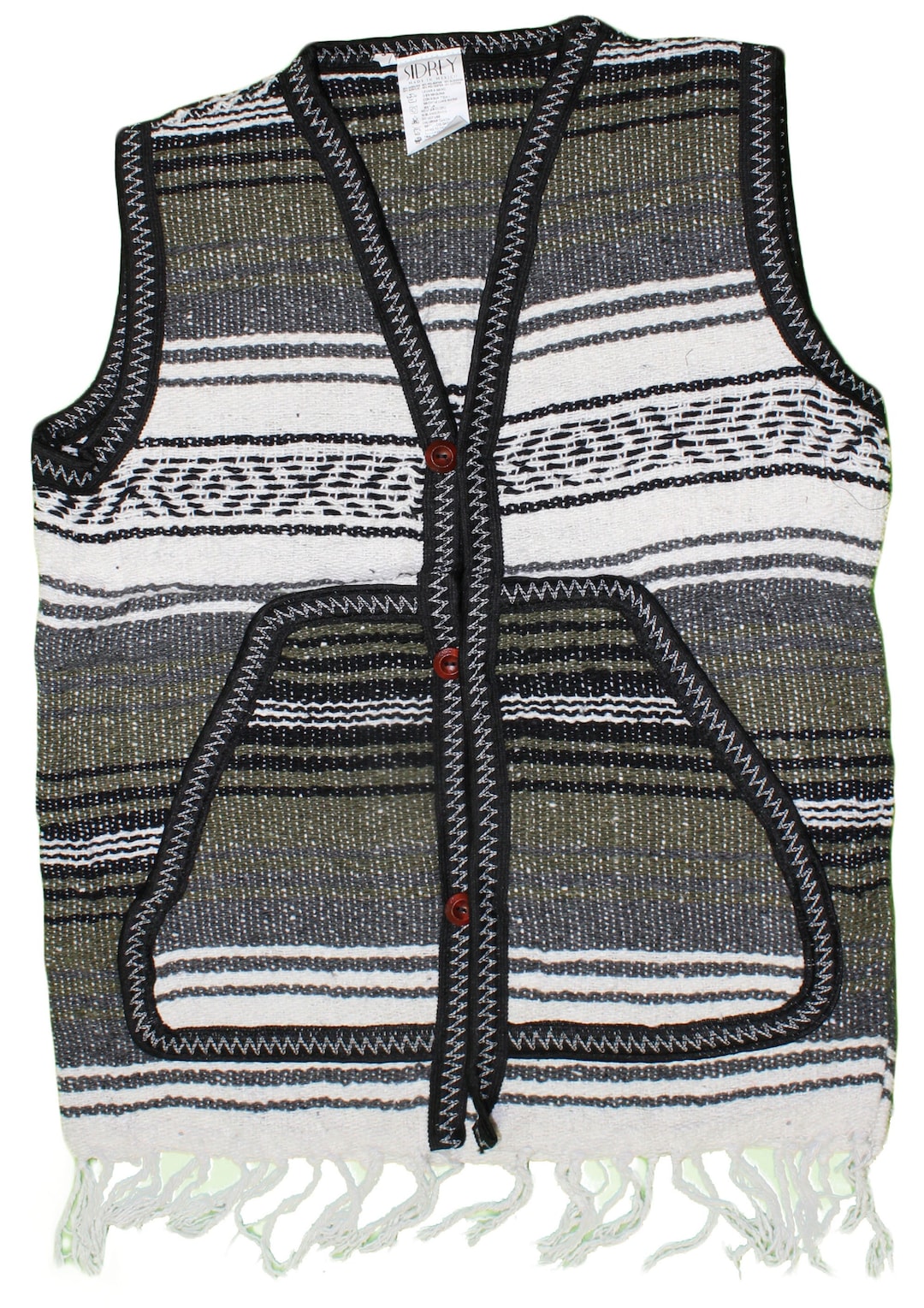 Unisex Mexican Poncho Vest Handmade Olive Green Pattern Three Buttons ...